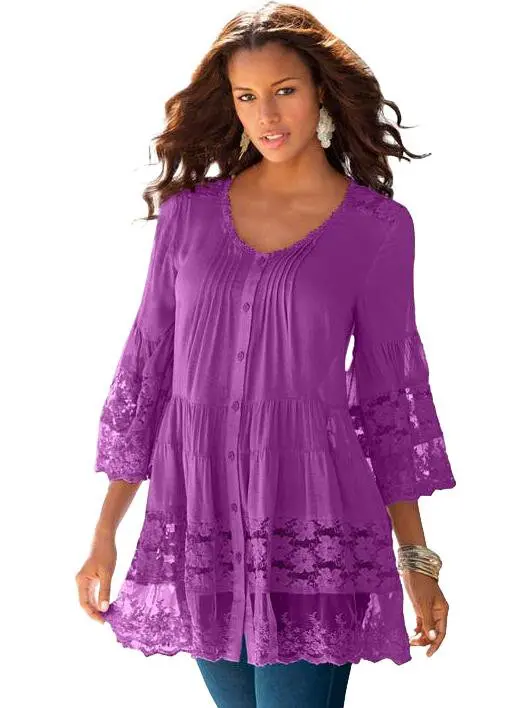 ROAMAN'S Lace Illusion Tunic - Purple Magenta