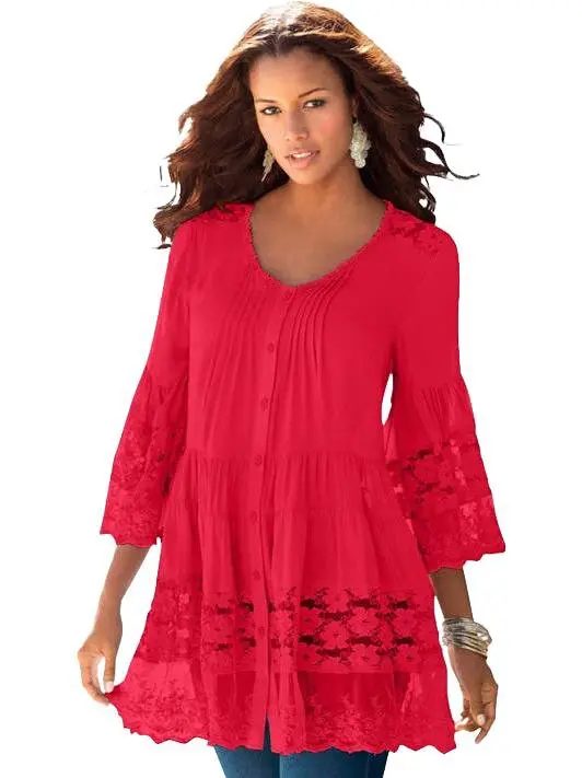 ROAMAN'S Lace Illusion Tunic - Vivid Red
