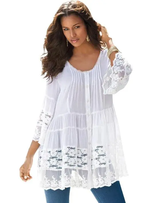 ROAMAN'S Lace Illusion Tunic - White