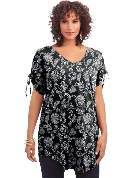 ROAMAN'S Ruched Sleeve Tunic - Black White Vines