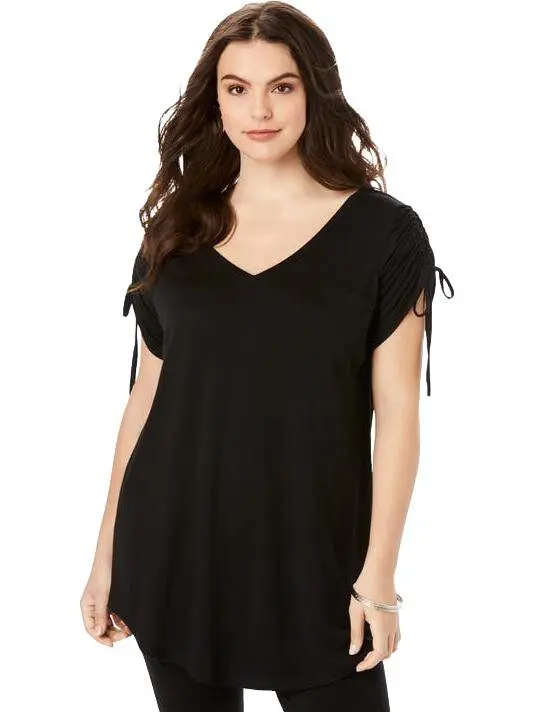 ROAMAN'S Ruched Sleeve Ultra Drape Tunic With V-neck And Chest Pocket - Black