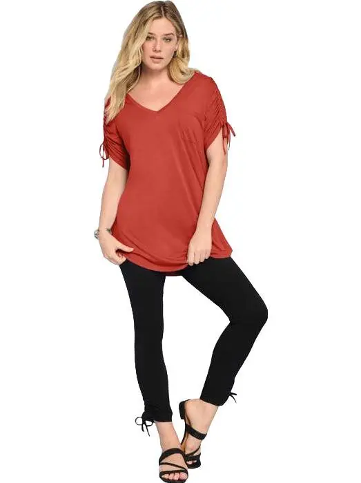 ROAMAN'S Ruched Sleeve Ultra Drape Tunic With V-neck And Chest Pocket - Burnt Red