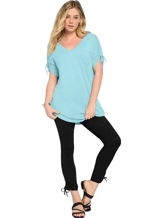 ROAMAN'S Ruched Sleeve Ultra Drape Tunic With V-neck And Chest Pocket - Light Turq
