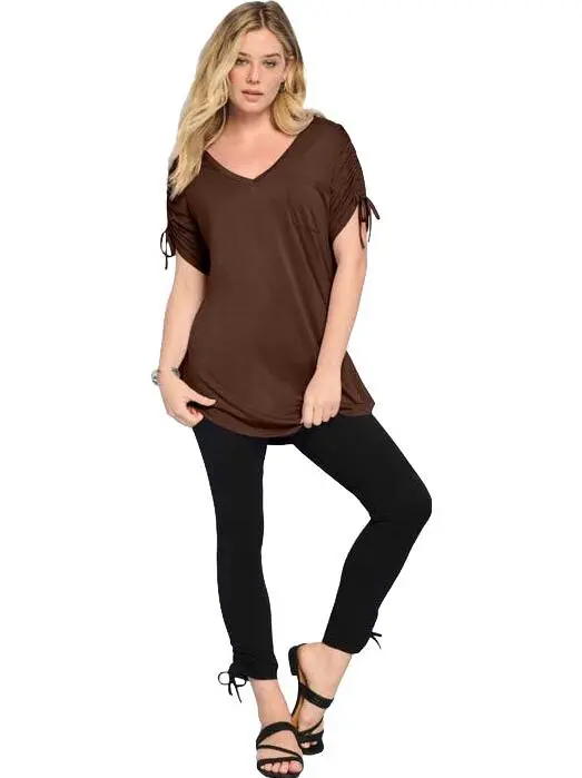 ROAMAN'S Ruched Sleeve Ultra Drape Tunic With V-neck And Chest Pocket - Rich Brown