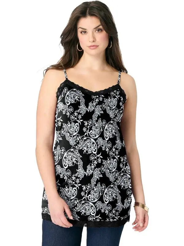 ROAMAN'S Lace Trim Knit Cami With Adjustable Straps - Black Lace Paisley
