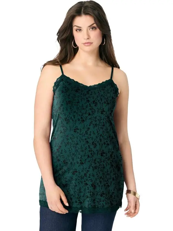 ROAMAN'S Lace Trim Knit Cami With Adjustable Straps - Emerald Ditsy Vines