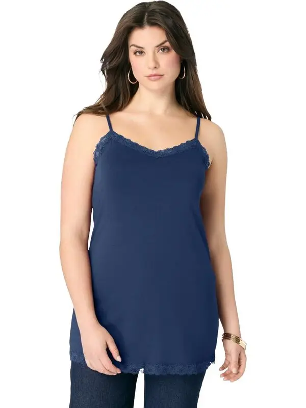 ROAMAN'S Lace Trim Knit Cami With Adjustable Straps - Navy