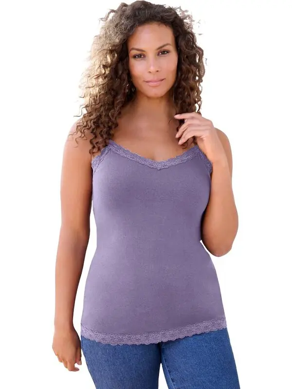 ROAMAN'S Lace Trim Knit Cami With Adjustable Straps - Soft Grape