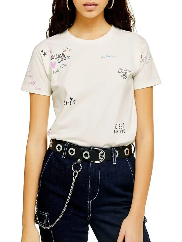 Topshop Embroidered Doodle Tee - Cream Multi