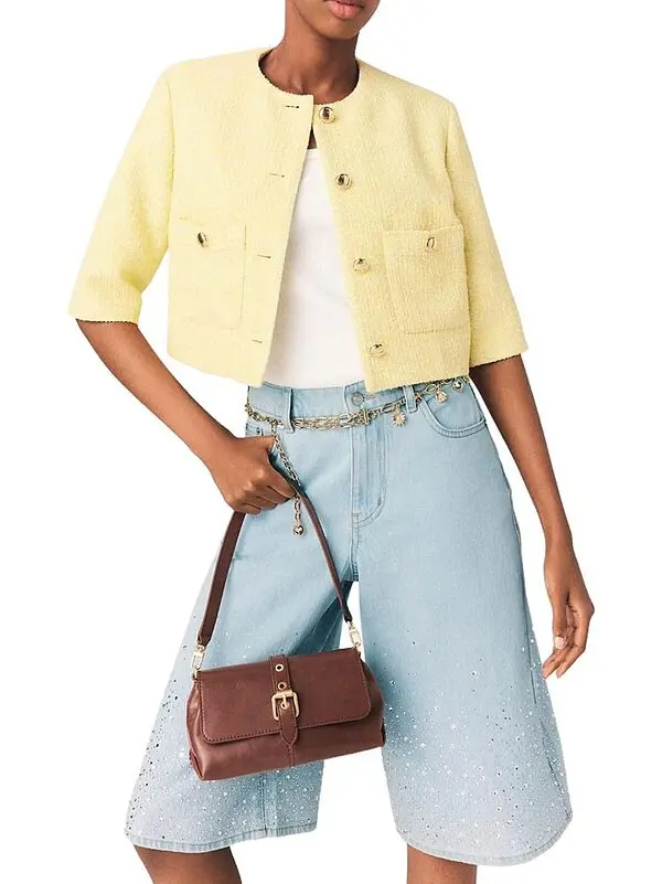 Maje Vytener Elbow Sleeve Tweed Jacket - Pale Yellow