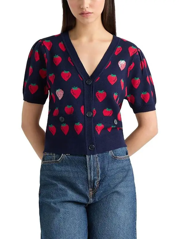 NVLT Jacquard Puff Sleeve Cardigan - Navy Straw