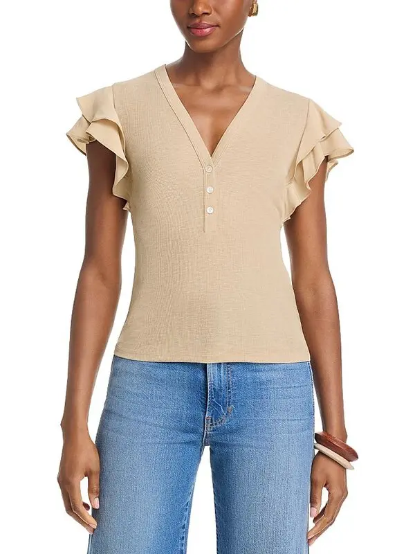 Veronica Beard Aphrodite Ruffled Sleeve Top - Stone Khaki