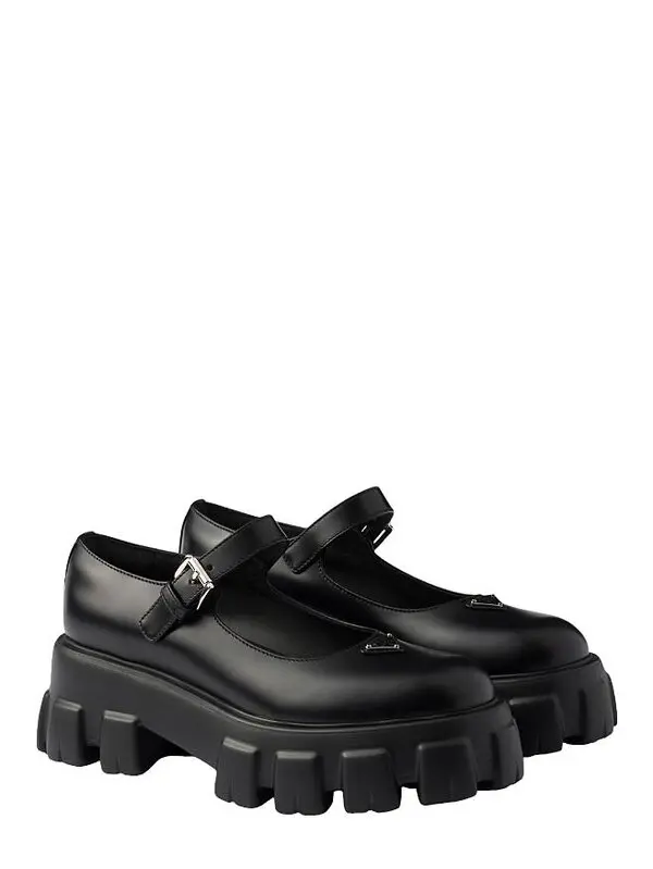 Prada Brushed Leather Monolith Mary Janes - Black