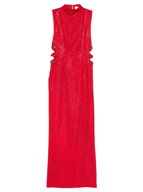 SELF-PORTRAIT Rhinestoned Crepe Maxi Dress - Red