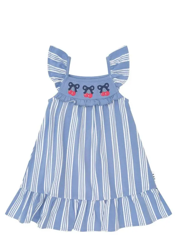 HUXBABY Vintage Stripe Cherry Dress - Bijou Blue/almond Milk