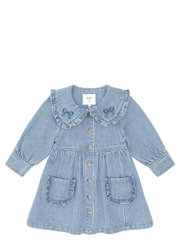 HUXBABY Bow Collar Denim Dress - Blue Stripe