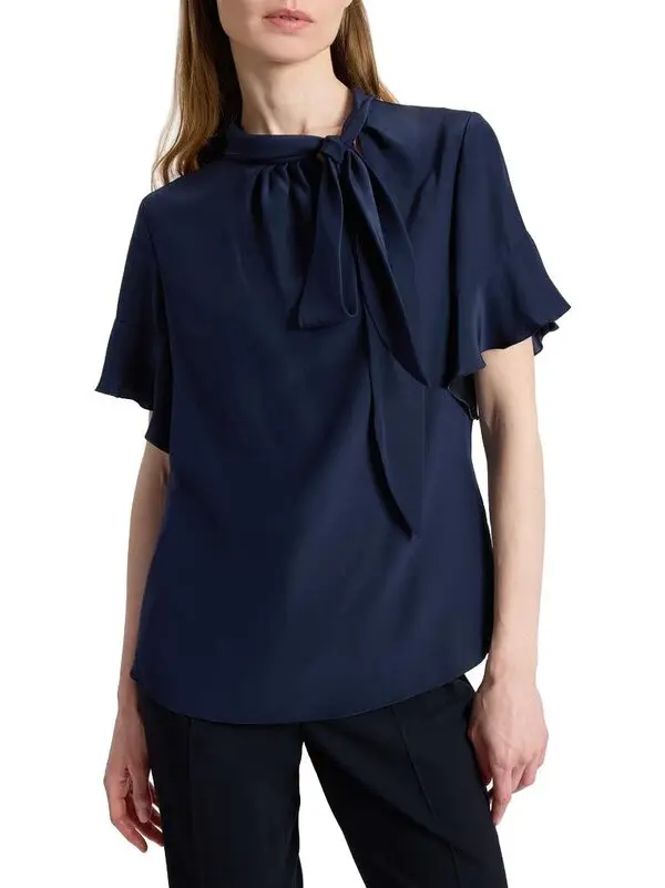 Santorelli Athena Silk Blouse With Short Flutter Sleeves - Midnight