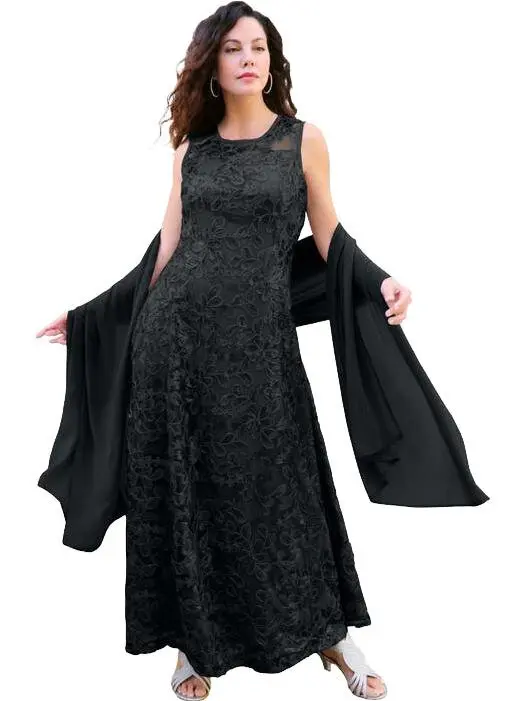Roaman's Embellished Lace Shawl Gown - Black