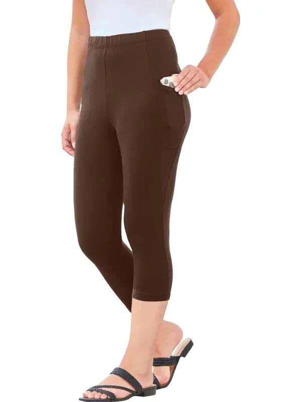 Roaman's Essential Capri Legging With Side Pockets - Chocolate