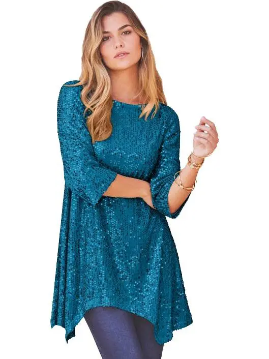 ROAMAN'S Handkerchief Hem Sequin Tunic - Peacock Teal