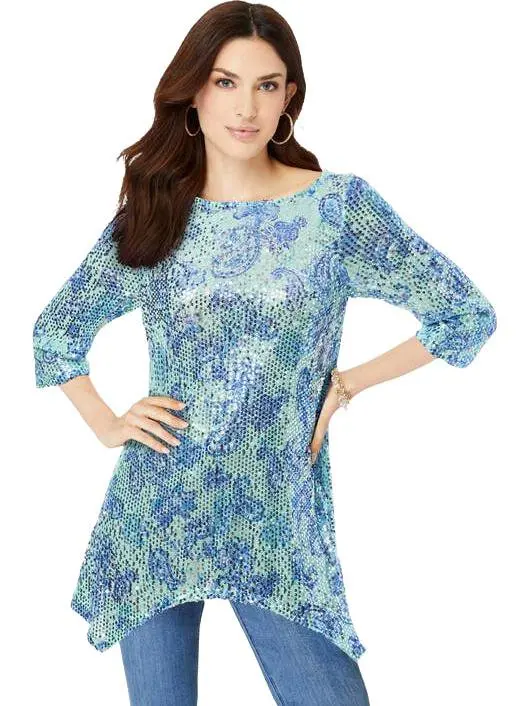 ROAMAN'S Handkerchief Hem Sequin Tunic - Turq Paisley Sequin