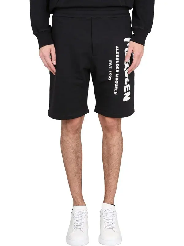 Alexander McQueen Bermuda Shorts With Graffiti Logo Print - Black