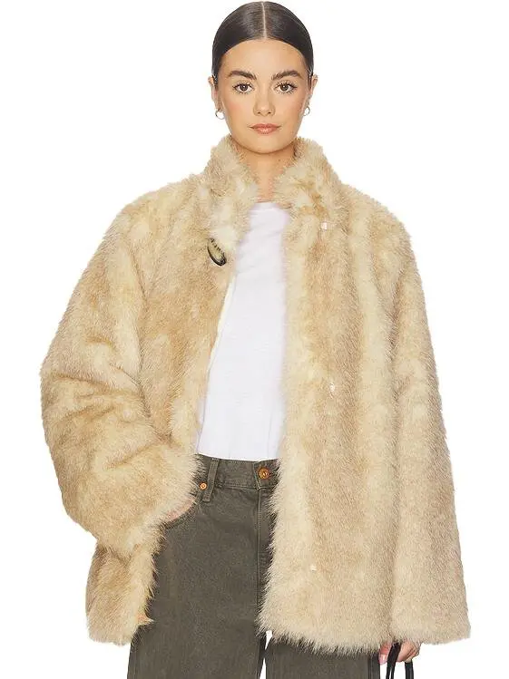 WeWoreWhat Faux Fur Jacket - Tan Ivory Multi