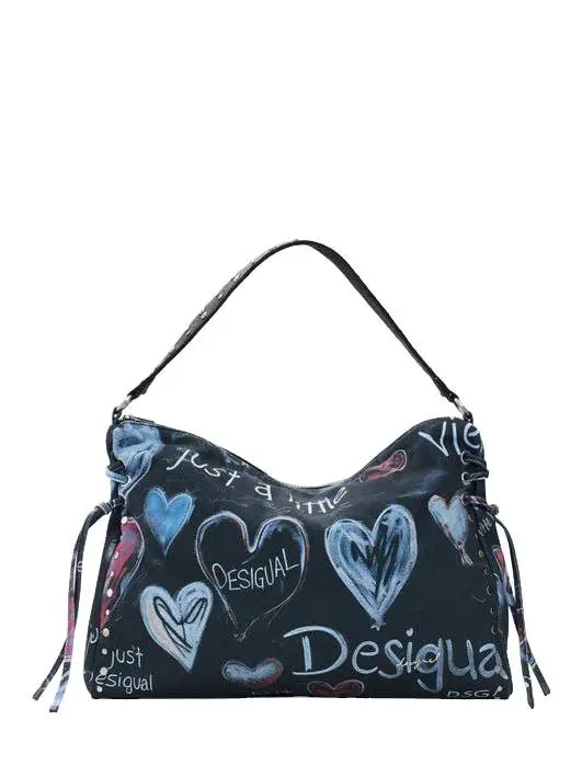 Desigual Logo Print Canvas Shoulder Bag - Black Multi