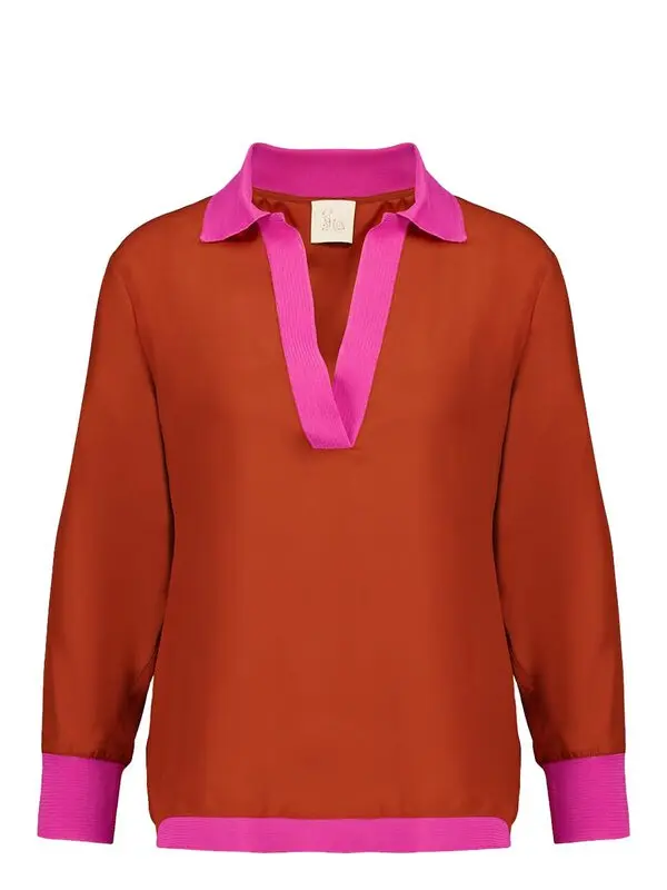PAULA Diane Cinnamon Stick Silk V-neck Long-sleeve Top - Orange