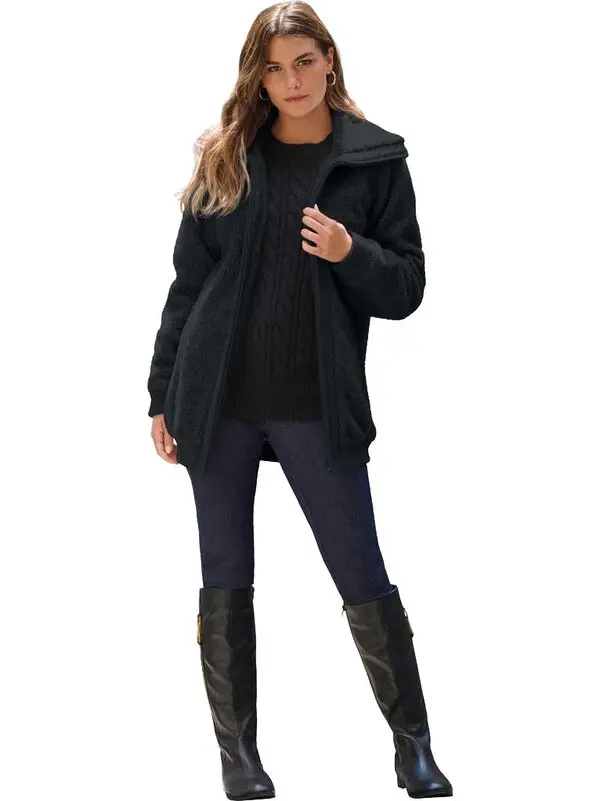 Roaman's High Collar Fleece Bomber Jacket - Black