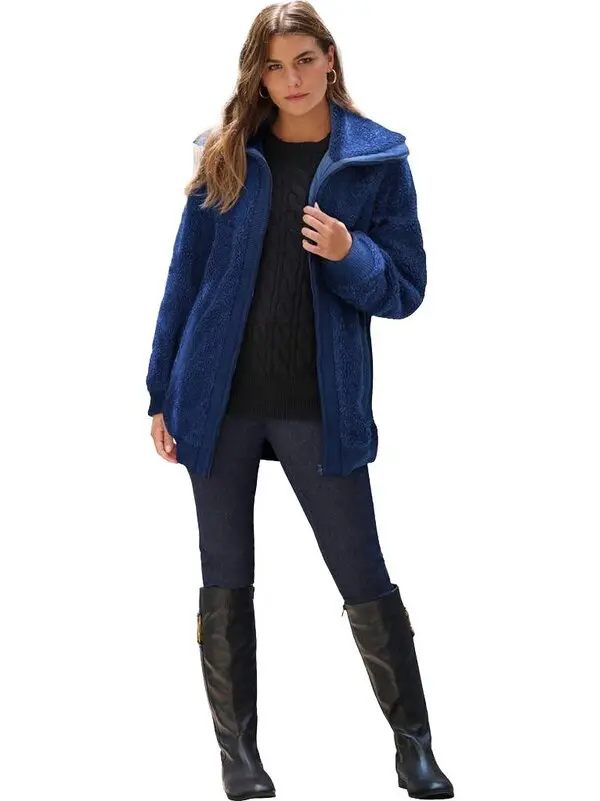 ROAMAN'S High Collar Teddy Fleece Bomber - Evening Blue