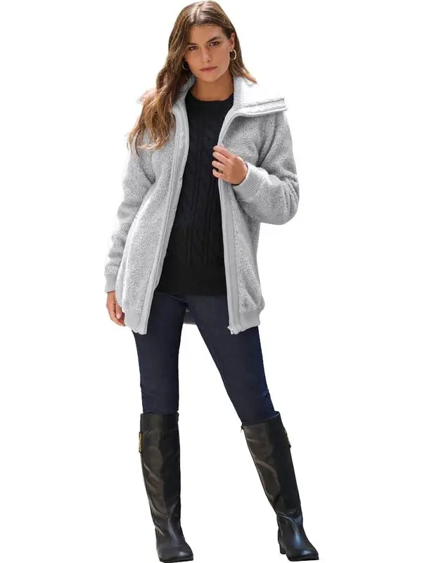 Roaman's High Collar Fleece Bomber Jacket - Heather Grey
