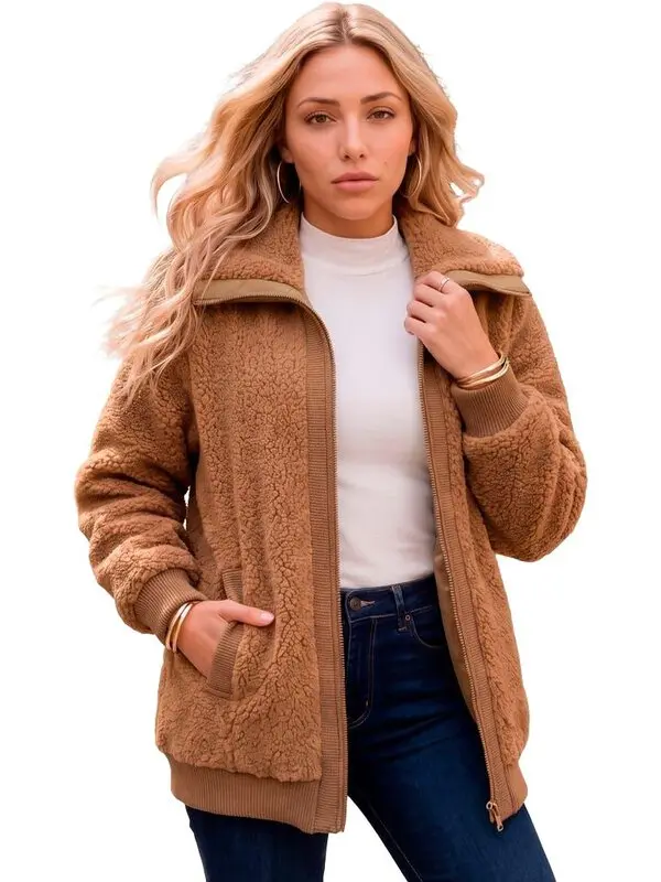 Roaman's High Collar Fleece Bomber Jacket - Soft Camel