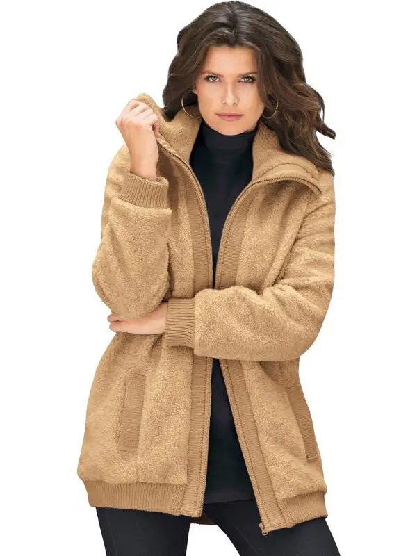 Roaman's High Collar Fleece Bomber Jacket - Soft Camel