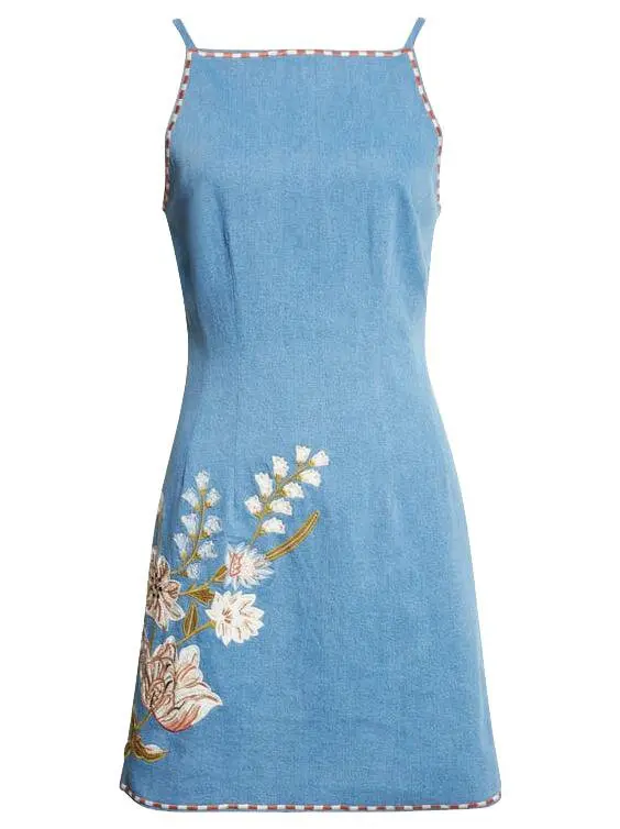 Veronica Beard Floral Embroidered Denim Minidress - Sea Glare
