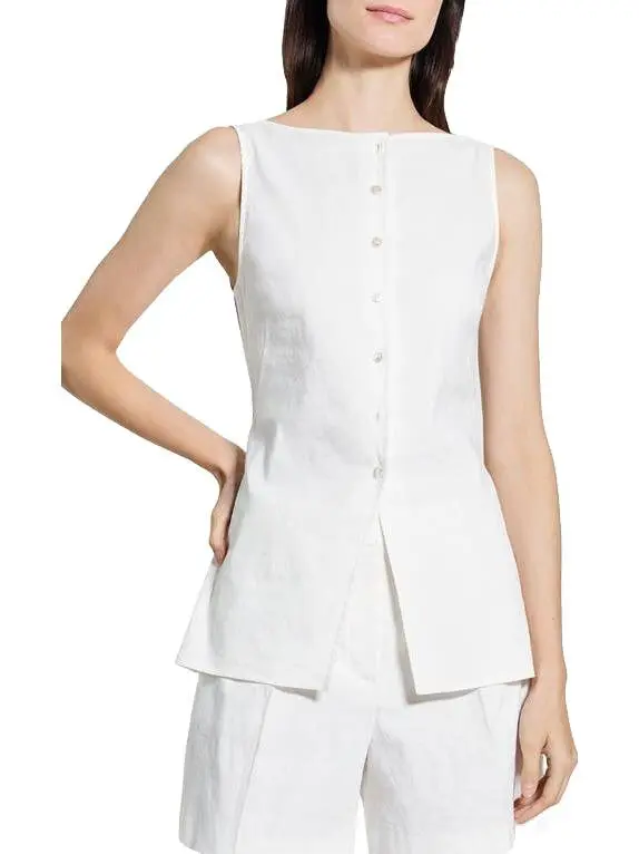 Theory Boatneck Sleeveless Linen Blend Button-up Shirt - White