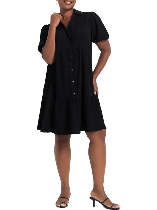ESTELLE Short Sleeve Tiered Shift Dress - Black