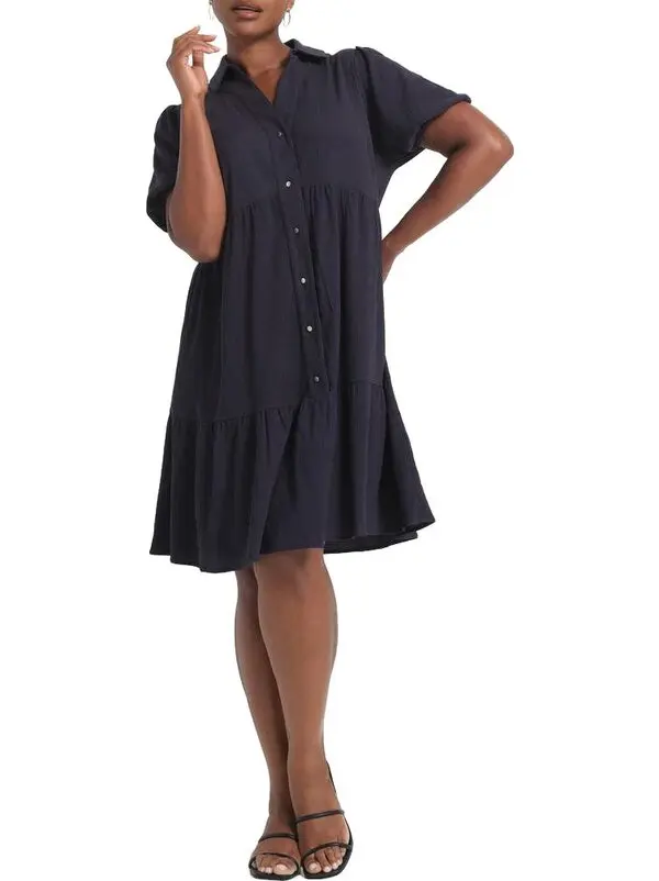ESTELLE Short Sleeve Tiered Shift Dress - Navy