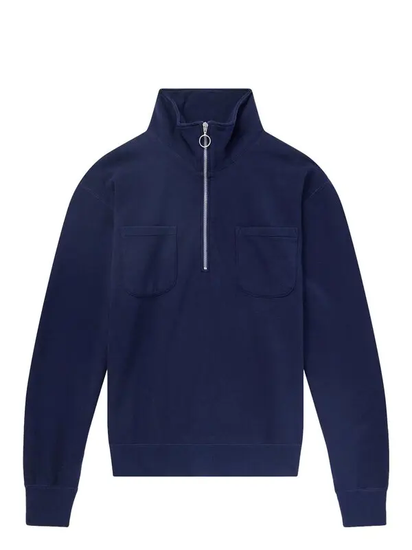 DRAKE'S Cotton And Wool-blend Half-zip Sweater - Navy