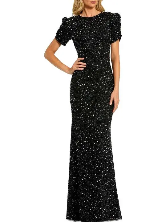 Mac Duggal Petite Gathered Short Sleeve Beaded Gown - Black