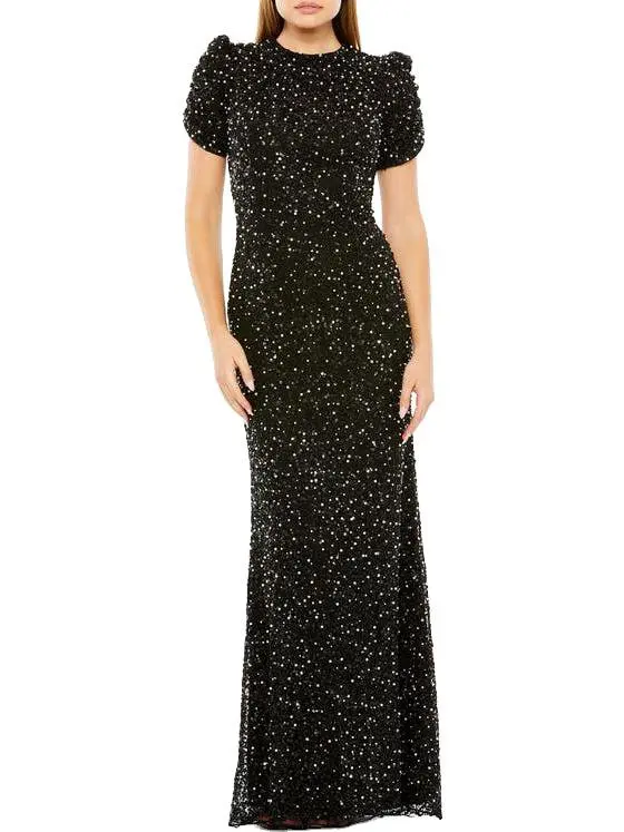Mac Duggal Petite Gathered Short Sleeve Beaded Gown - Black