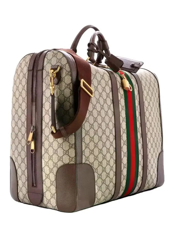 Gucci Savoy Web Convertible Duffle Bag Gg Coated Canvas Tall Travel Bag - Brown