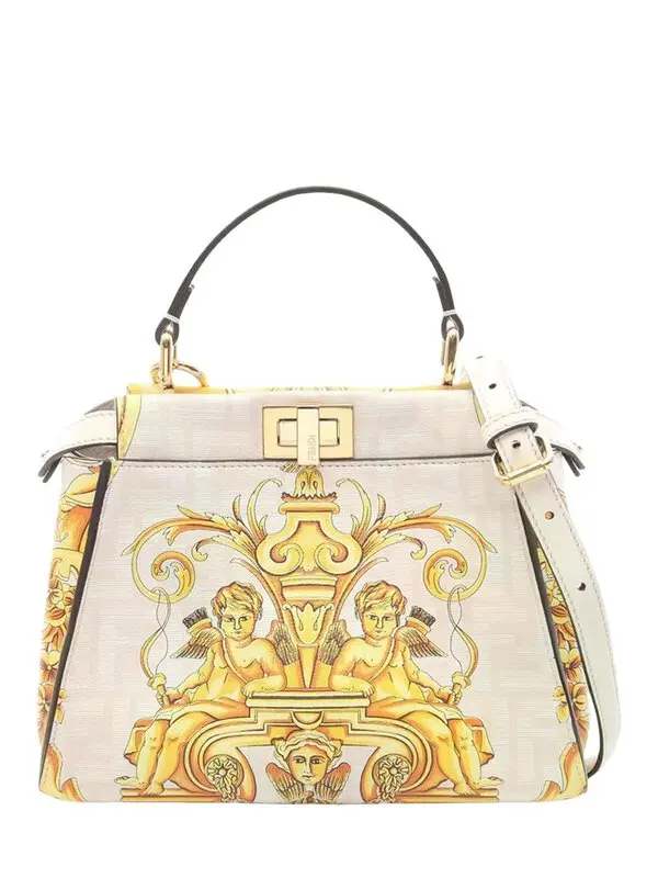 Fendi Versace Fendace Mini Zucca Leather Baroque Print Peekaboo Satchel - White