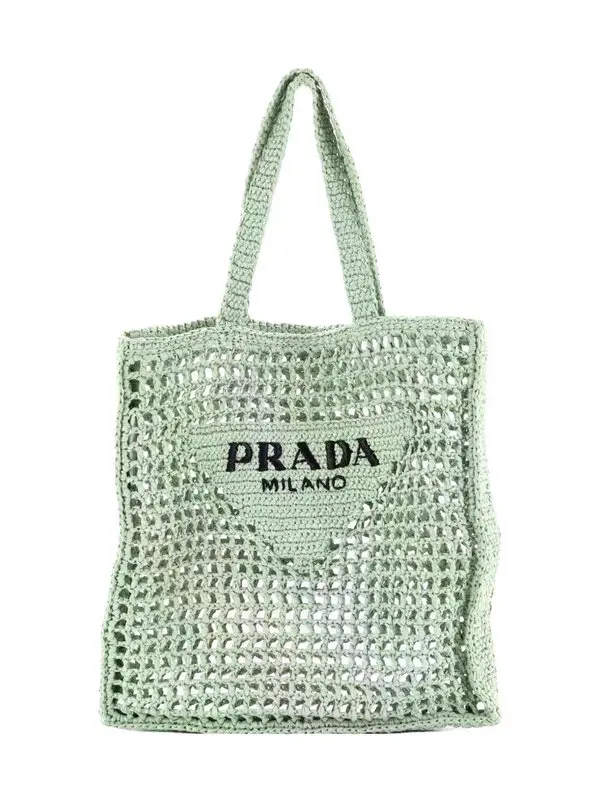 Prada Triangle Logo Raffia Tote Bag - Green