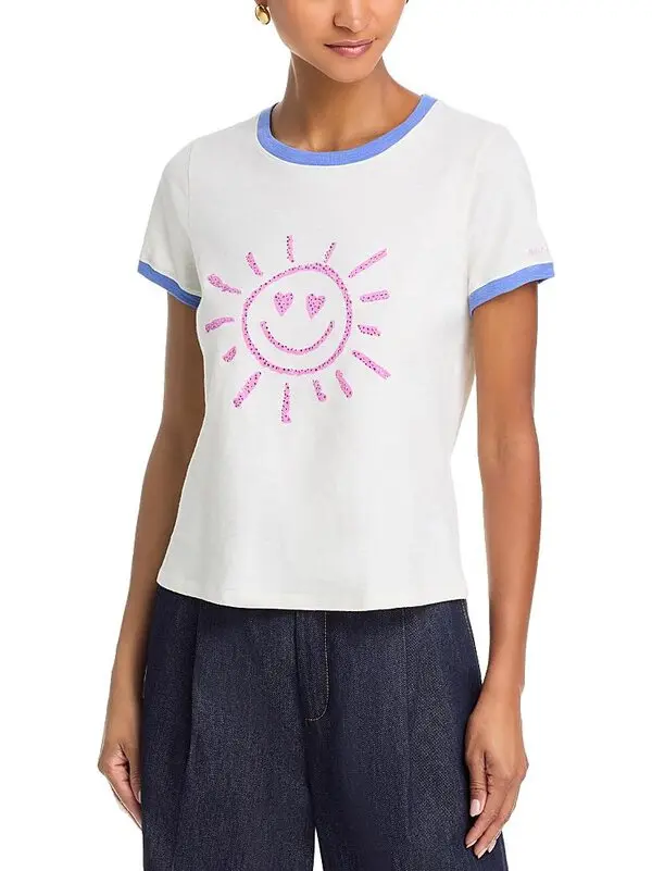 Cinq À Sept Rhinestone Smiling Sun Shrunken Ringer Tee - Cream