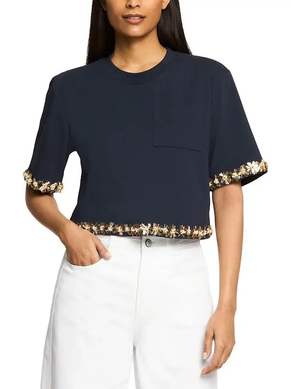 Cinq À Sept Embellished Floral Trim T-shirt - Navy