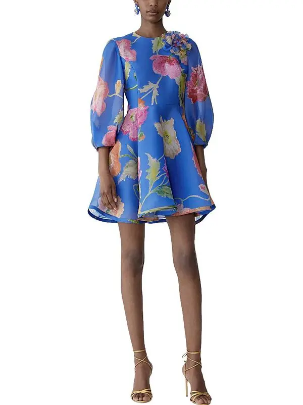 Carolina Herrera Puff Sleeve Mini Silk Dress - Bluebell Multi