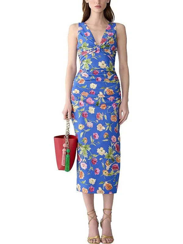 Carolina Herrera Sleeveless Gathered V-neck Dress - Bluebell Multi