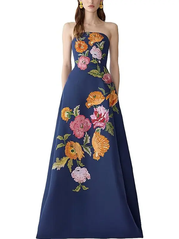 Carolina Herrera Embroidered Strapless Silk Gown - Midnight Multi