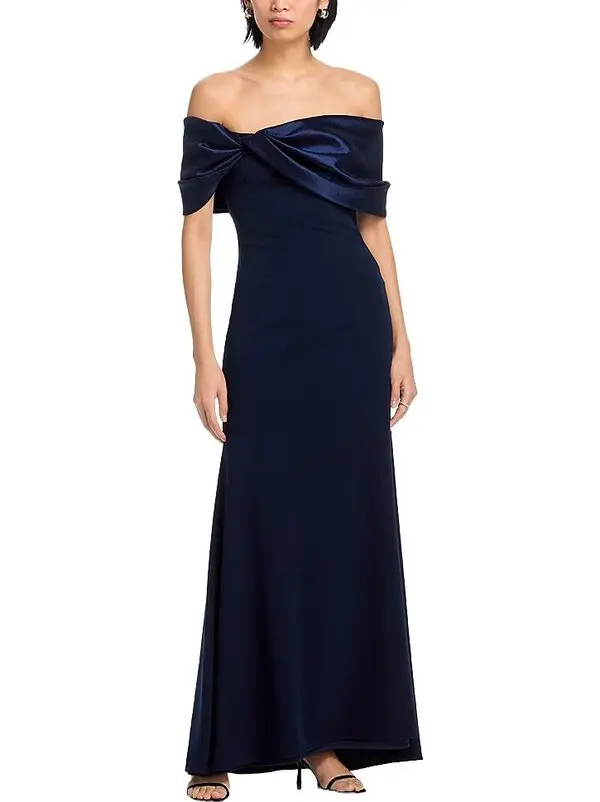 Aqua Long Scuba Crepe Off-the-shoulder Taffeta Gown - Navy